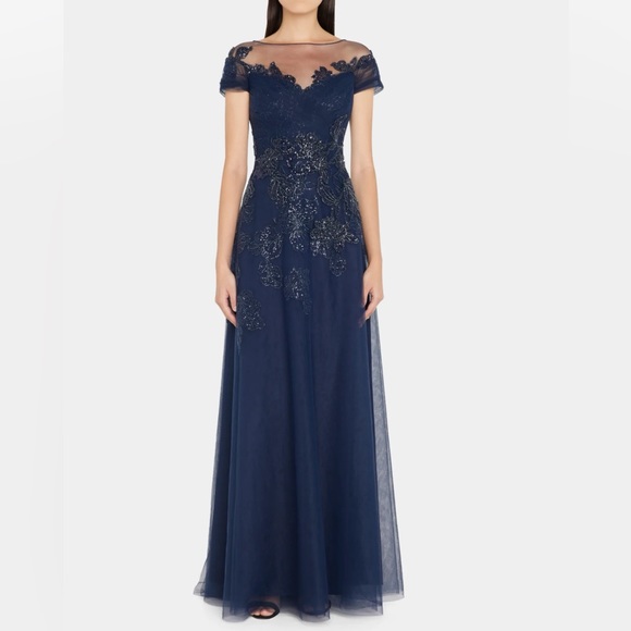 Teri Jon | Dresses | Teri Job Cap Sleeve Tulle Applique Gown | Poshmark